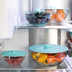 Silicone Lids Extra Large Teal Set of 6 Sturdy Suction Seal Covers. Universal fit for Pots, Fry Pans, Cups, and Bowls 5" to 12". Natural grip handles interlock for easy use and storage. Food Safe.