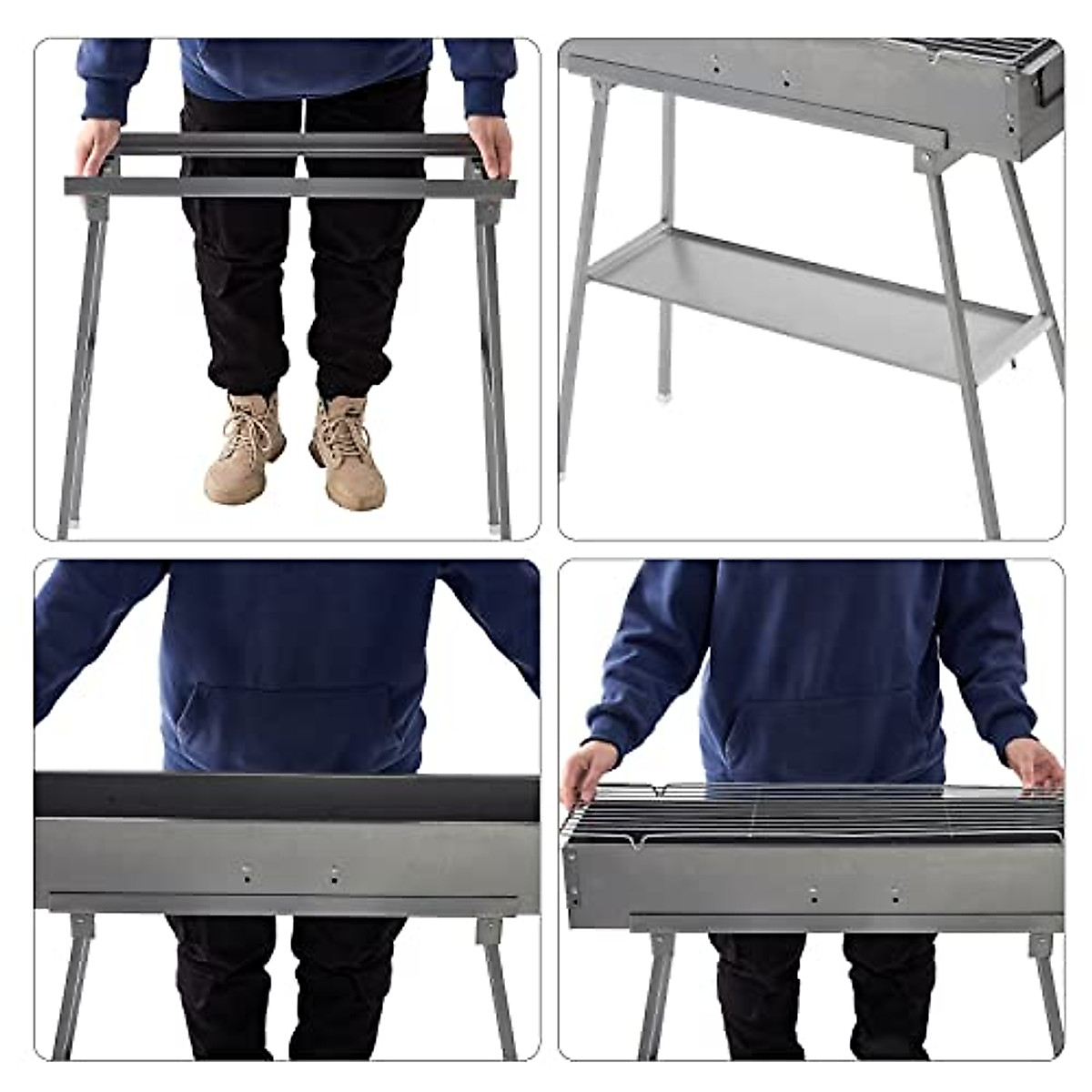 Portable Charcoal Grill - Stainless Steel BBQ Grill with Foldable Stand Adjustable Air Vents, Lamb Skewer Camping Barbecue Grill, Ideal for Outdoor BBQ, Picnic, Camping Backyard Party (31.6x7.1inch)