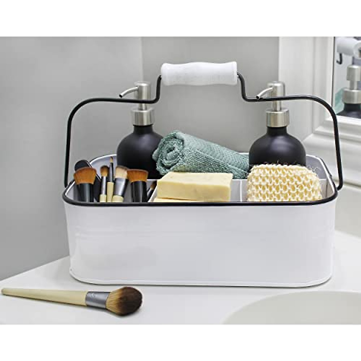 AuldHome Large Rustic Caddy; 4-Section White Enamelware Farmhouse Style Organizer with Handle