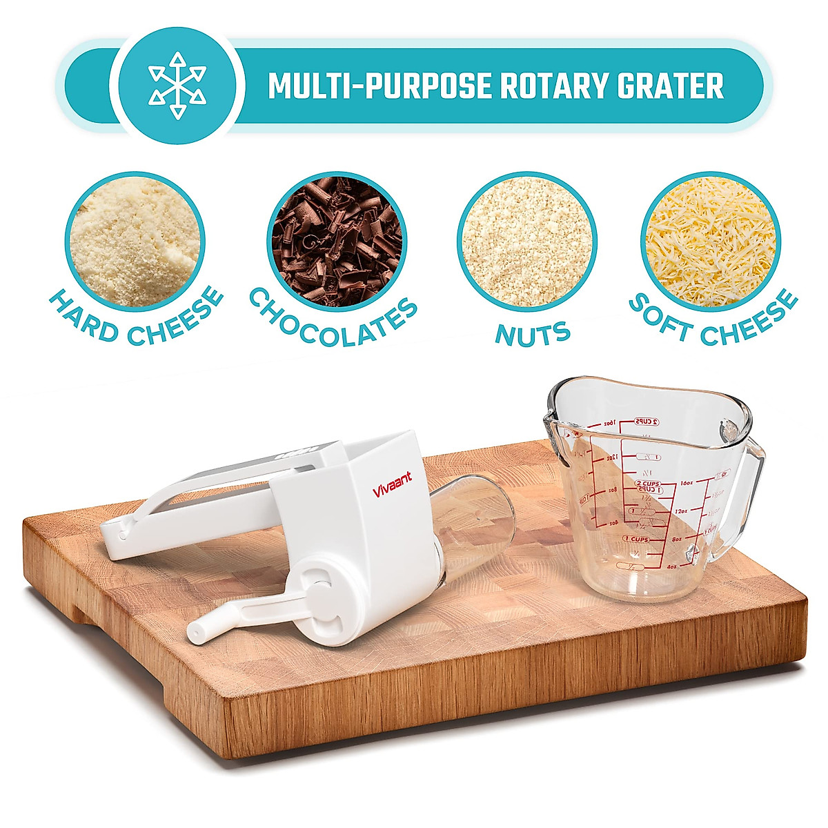 Vivaant Professional-Grade Rotary Grater - 2 Stainless Steel Drums - Grate Or Shred Hard Cheeses, Chocolate, Nuts, and More - Award-Winning Design with Handle