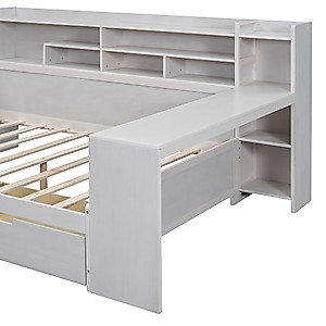 HoRunzelin Full Size Daybed with Storage Shelves, 2 Drawers and Desk, Pine Wood Captains Bed with Bookcase for Kids Boys Girls Teens, Antique White