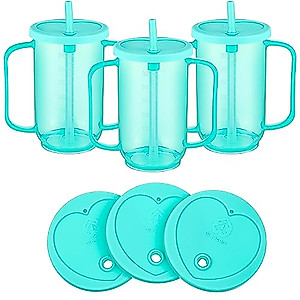 Sliner 3 Pcs Adult Sippy Cups 2 Handles Straw Cups Plastic Spill Proof Drinking Cups with Straw Lid for Adults Liquid Feeding Elderly Disabled Hospital Patients Convalescent