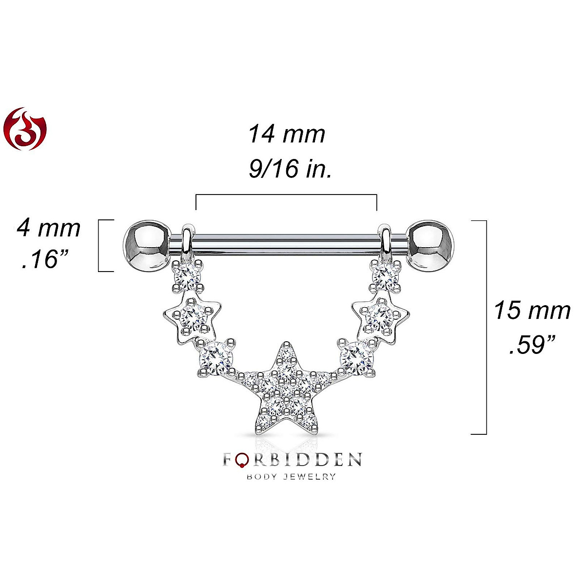 Forbidden Body Jewelry Pair of Surgical Steel 9/16 Inch D-Ring Style Pave CZ Star Chain Dangle Nipple Barbells, Silver Tone