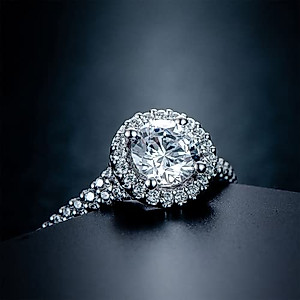 Classic Halo 1ct 6.5mm Round Brilliant Cut D Color VVS Moissanite Engagement Rings for Women Silver Moissanite Ring (6.5)