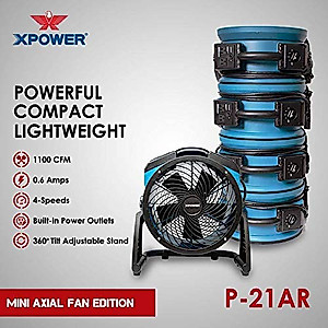 XPOWER P-21AR 11" Diameter Industrial High Velocity Axial Air Mover/Carpet Dryer/Floor Fan/Utility Blower 1100 CFM, 0.6 Amps