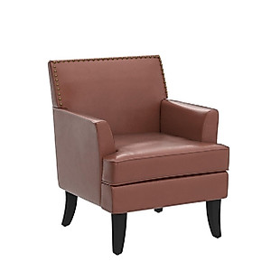 HULALA HOME Modern Faux Leather Accent Chair, Comfy Upholstered Sofa Chair with Nailhead Trim, Living Room Bedroom Armchair with Wood Legs, Brown