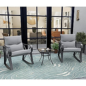 HOMPUS 3-Piece Outdoor Rocking Chairs Bistro Set Wicker Patio Furniture Set Metal Frame Patio Rockes Set w Gray Cushions, Front Porch Rocking Chairs with Glass Coffee Table for Balcony,Garden