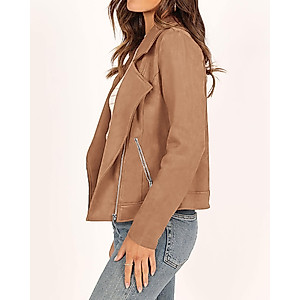 KIRUNDO Women's Trendy Stand Collar Faux Suede Jackets 2024 Fashion Solid Slim Moto Zipper Jacket Coats(Camel, Small)