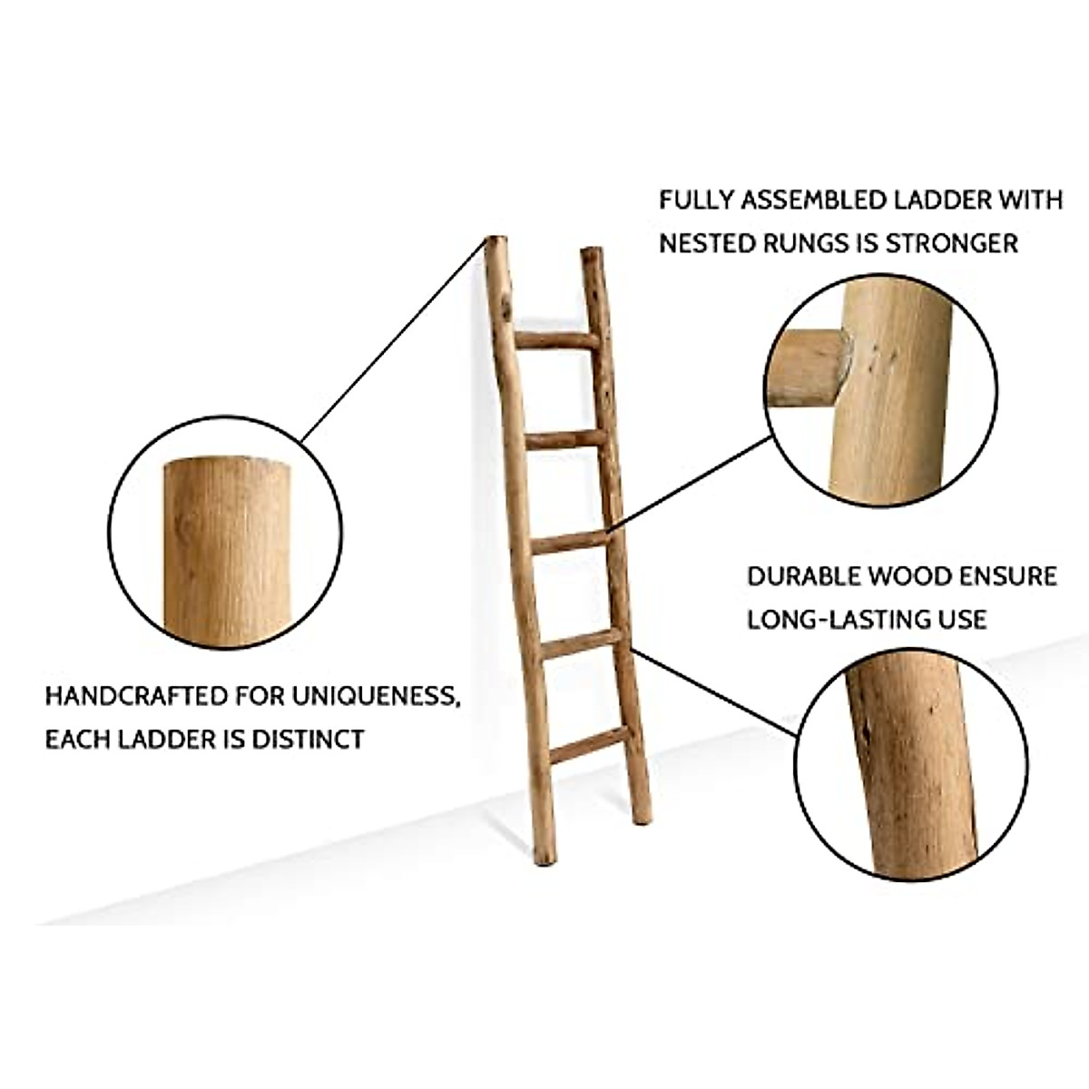 FUIN Fully Assembled 5 Ft Wood Decorative Wall Leaning Blanket Ladders Bathroom Storage Quilt Towel Display Rack Shelf Holder Rustic Farmhouse, Brown