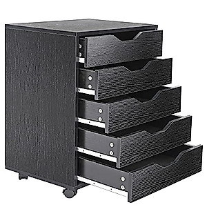 SUPER DEAL 5 Drawer File Cabinet for Home Office Apartment Wood Under Desk Filing Cabinet Mobile Printer Stand Rolling Storage Organizer with Lockable Casters, Black