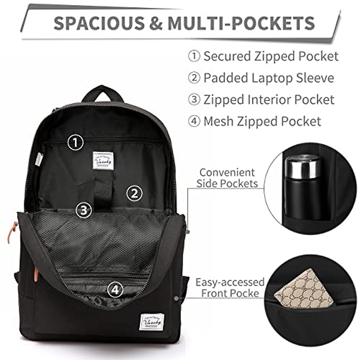 VASCHY School backpack, Lightweight Casual Classic Water-resistant School Rucksack Travel Backpack 15 inch Laptop Black