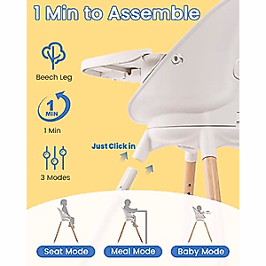 Baby High Chair for Babies and Toddlers, [ 360° Swivel ] 3-in-1 Wooden Baby Feeding High Chair, Toddler Infant High Chairs, Save Space/Easy to Clean/One-Min Assemble