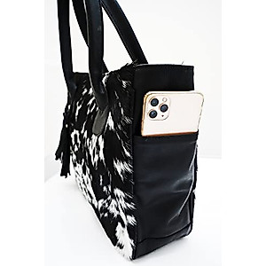 bonanza leathers cowhide leather women's Tote handbag Both sides cowhide with zipper closure H5 (Black)