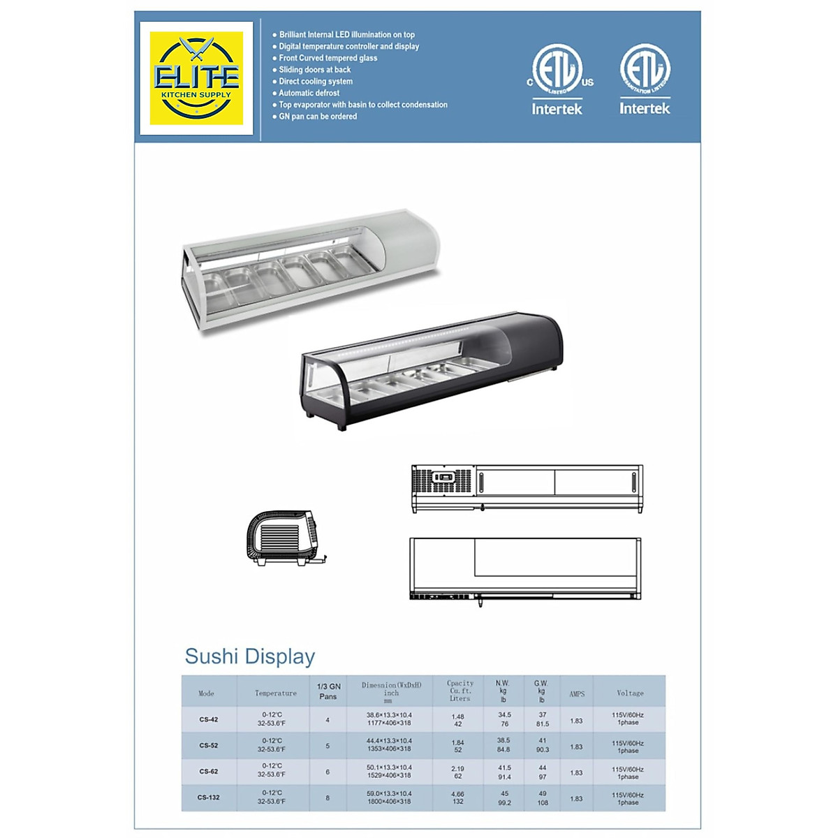 Elite Kitchen Supply Commercial Sushi Display Cooler Case Refrigerator, ETL NSF Curved Glass Sashimi Roll Restaurant Showcase Japanese Deli Fridge 5 Pan Countertop, 60" W 2.19 cu. ft. Black