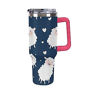 Cute Sheep Pattern 40oz Water Bottle Double Wall Insulated Tumbler with Handle Leakproof Travel Mug Light Rose Red-style