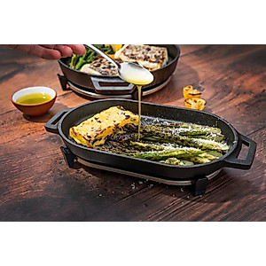 Ooni Cast Iron Grizzler Pan - Grill Frying Pan, 12" x 6" Griddle Plate with Removable Handle and Stainless Steel Trivet, Pre-Seasoned Non-Stick Oven Safe Cookware, Pizza Oven and BBQ Accessories