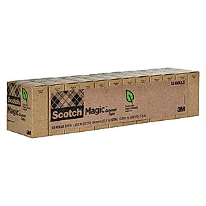 Scotch Magic Greener Tape, 12 Rolls, Numerous Applications, Invisible, Engineered for Repairing, 3/4 x 900 Inches, Boxed (812-12P)