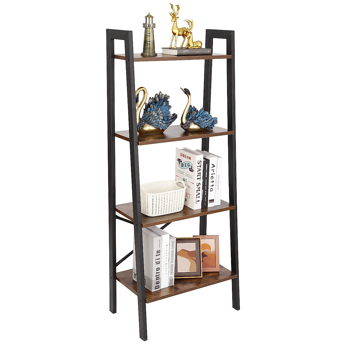 ZENY 4-Tier Bookshelf, Ladder Bookcase, Multifunctional Ladder-Shaped Plant Flower Stand Rack Bookrack Storage Shelves (Rustic Brown)