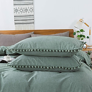 Softta 20x36 Pompom Pillow Shams Pillow Covers 2 pcs Ball Trimmed Cute Pretty Girls Pillowcases 100% Cotton Green Cover Twin/Full/Queen (NO Comforter NO Filling)