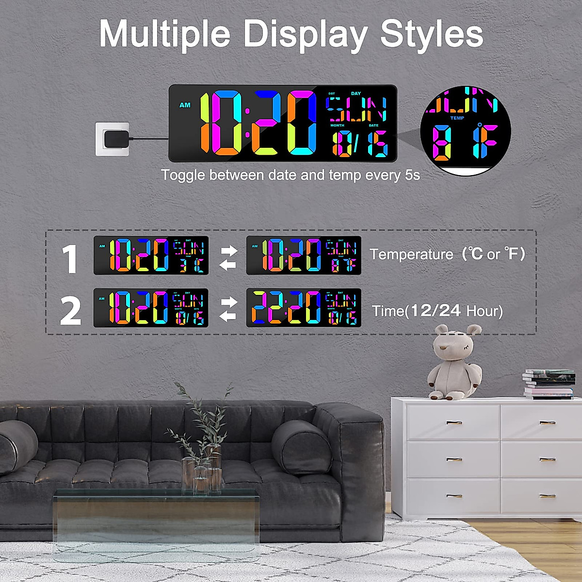 XREXS Large Digital Wall Clock with Remote Control, 17 Inch LED Large Display Count Up & Down Timer, Adjustable Brightness RGB Color Changing Clock Alarm Clock for Home, Gym, Office and Classroom