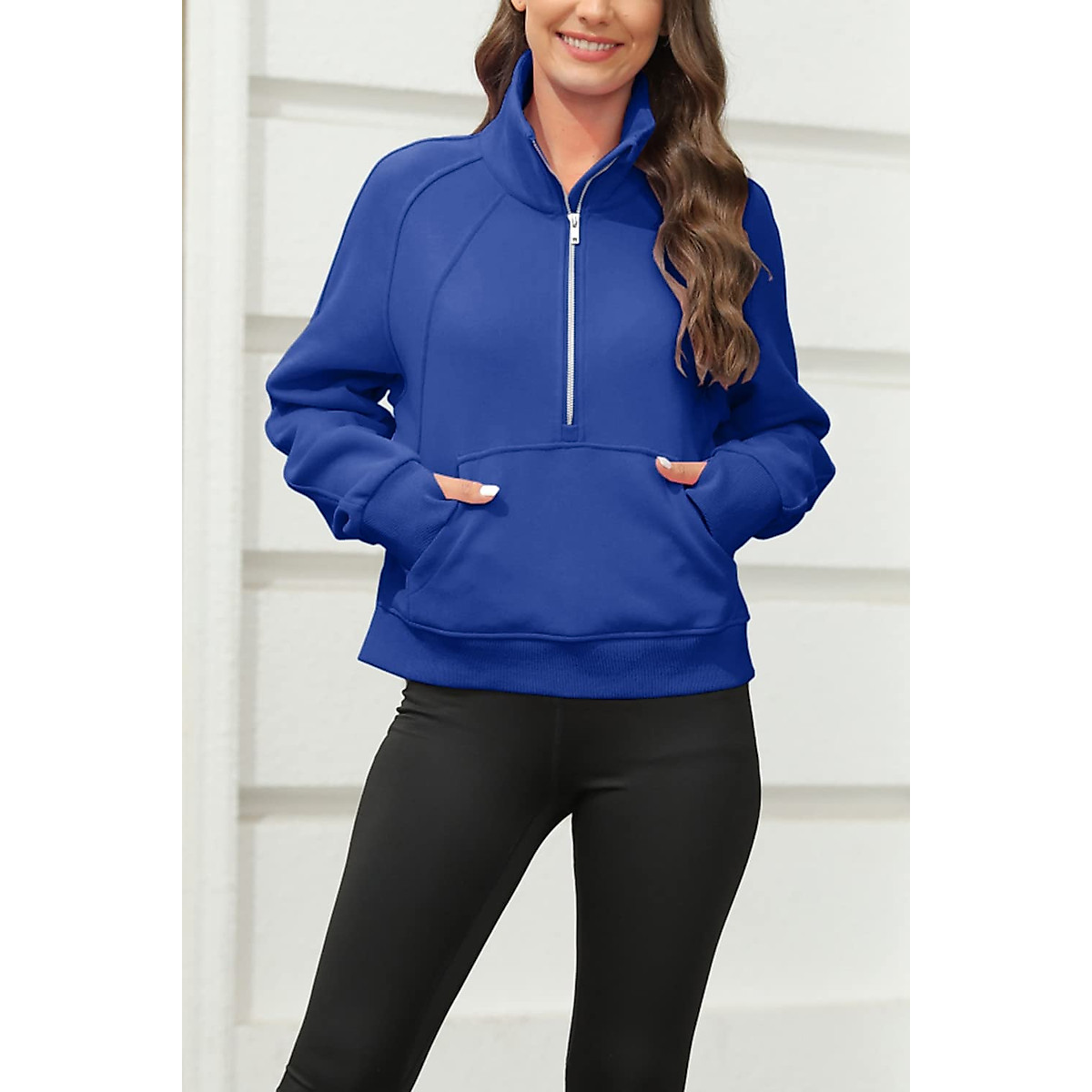 Womens Sweatshirts Half Zipper Crop Pullover Funnel Neck Fleece Lined Zip Up Long Sleeve Tops Thumb Hole Blue