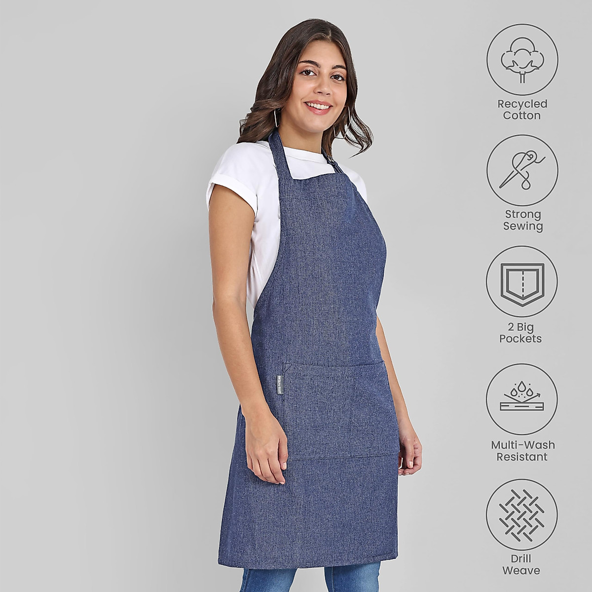 Mellow Buff 2 Pack Chef Apron, Recycled Cotton Kitchen Apron with an Adjustable Neck with Long Ties, for cooking, baking | Denim Blue…