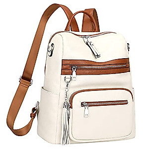 ALTOSY Genuine Leather Backpack Purse for Women Large Shoulder Bag With Laptop Compartment Multiple Pockets (S106 Beige/Brown)