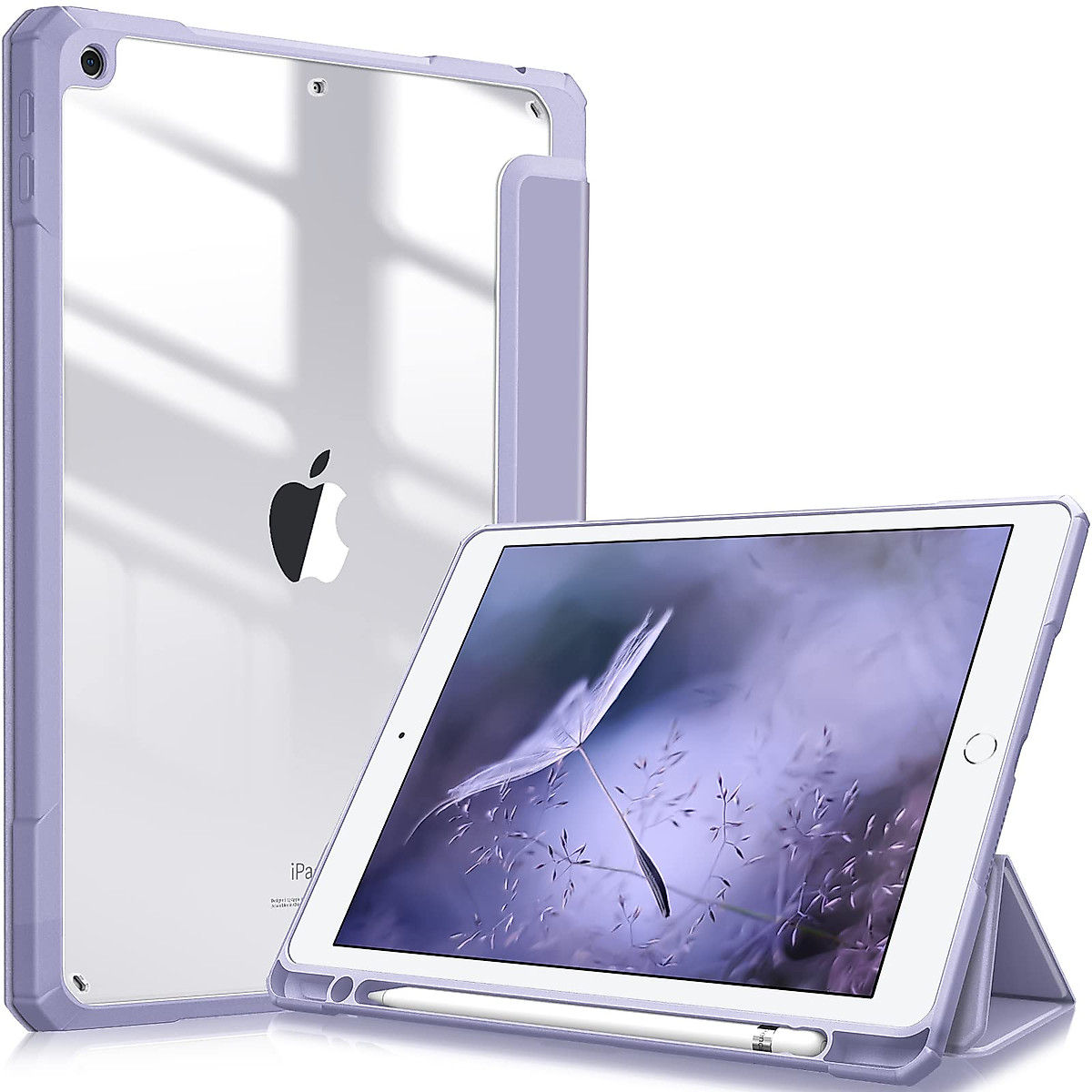 Fintie Hybrid Slim Case for iPad 9th / 8th / 7th Generation (2021/2020 / 2019) 10.2 Inch - [Built-in Pencil Holder] Shockproof Cover with Clear Transparent Back Shell, Lilac Purple