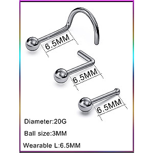 Prjndjw Grade 23 Titanium Nose Rings 20G Nose Studs Straight L shape Twist of Bend Nose Piercing for Women Body Piercing Jewelry