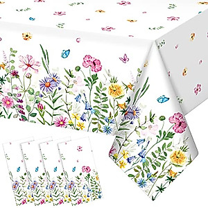 4Pcs Spring Floral Plastic Tablecloth,Pink Purple Blue Flower Butterfly Disposable Table Cover for Home Decor Summer Spring Picnic Dining Holiday Weeding Birthday Tea Party Decorations,54x108 Inch