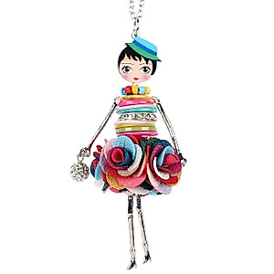 BONSNY Paris Doll Necklace Dress Handmade Pendant News Alloy Metal Crystal Flower Long Chain Fashion Jewelry