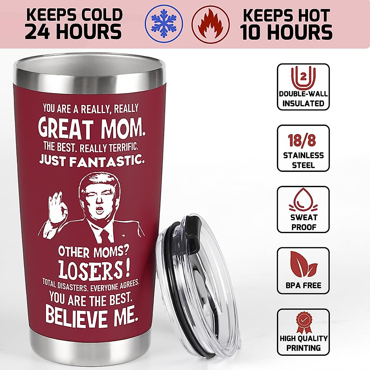 AREOK Gifts for Mom from Daughter Son Kids, Mom Tumbler Cup - Best Mom Christmas Gifts, Great Mom Mother Gifts, Happy Birthday Gifts for Mom, 20 OZ Tumbler for Mom, Deep Red