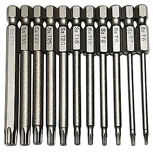 YDLQWCZ Security Torx Bit 11 Pieces 1/4 Inch Hex Shank T6 T7 T8 T9 T10 T15 T20 T25 T27 T30 T40 3 Inch Length S2 Steel Torx Head Screwdriver Drill Set (11pcs 75mm Torx Head)