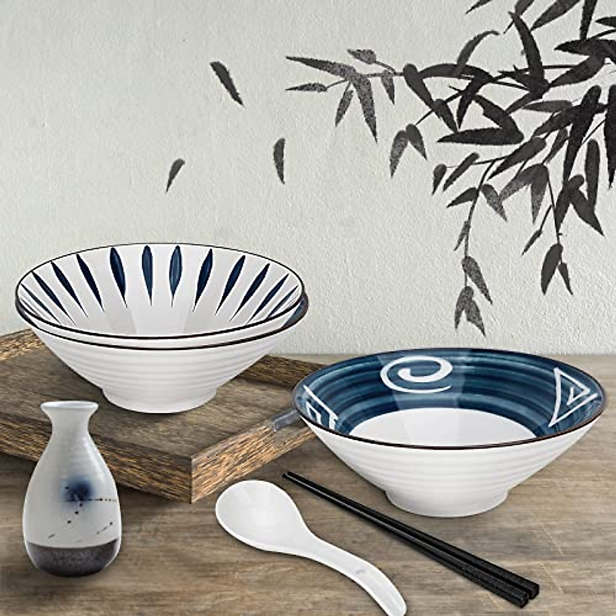 CYSNATU Japanese Ramen Bowl, Ceramic Ramen Bowls Set of 2, 34oz Large Ramen Bowl Noodle, Ramen Bowl with Chopsticks and Spoon(Blue and White)