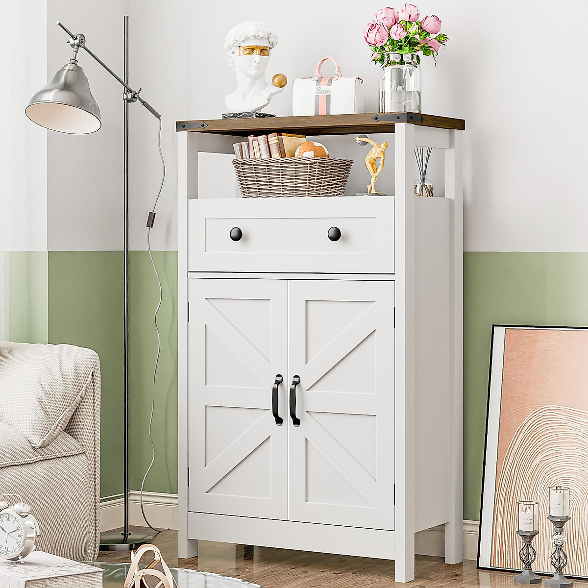 Befrases Bathroom Cabinet, Farmhouse Storage Cabinet with Drawer, Floor Storage Cabinet, Farmhouse Storage Cabinet for Bathroom, Kitchen, Living Room, Rustic Style Cabinet, White