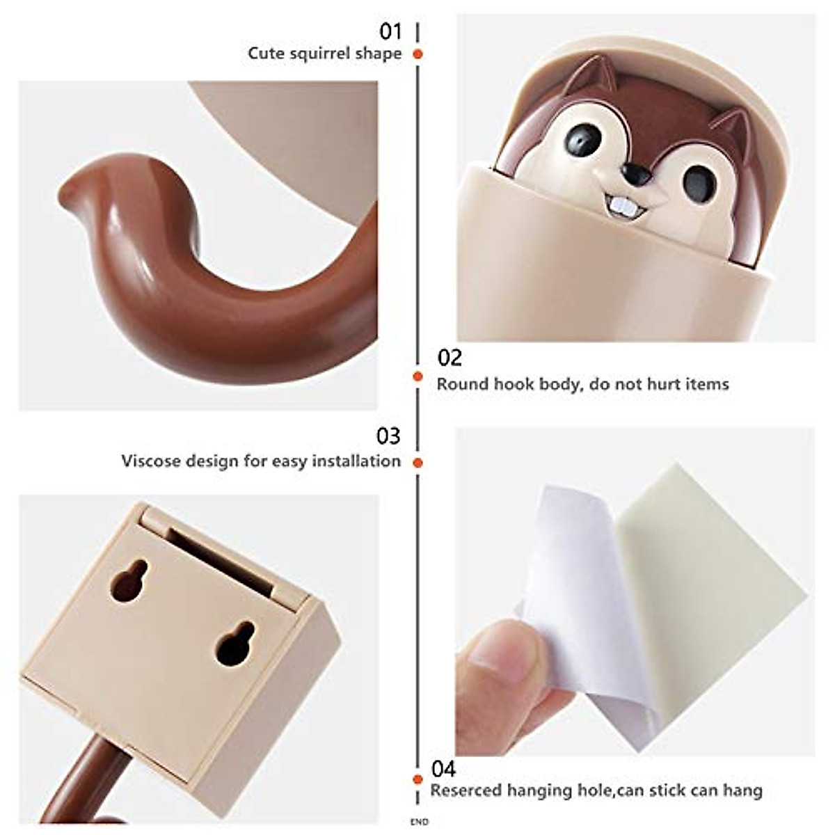 Lind Kitchen 2pcs Squirrel Shape Adhesive Hook for Children's Room Living Room Bedroom,Cute Cartoon Creative Home Decoration Wall Hooks(Brown)