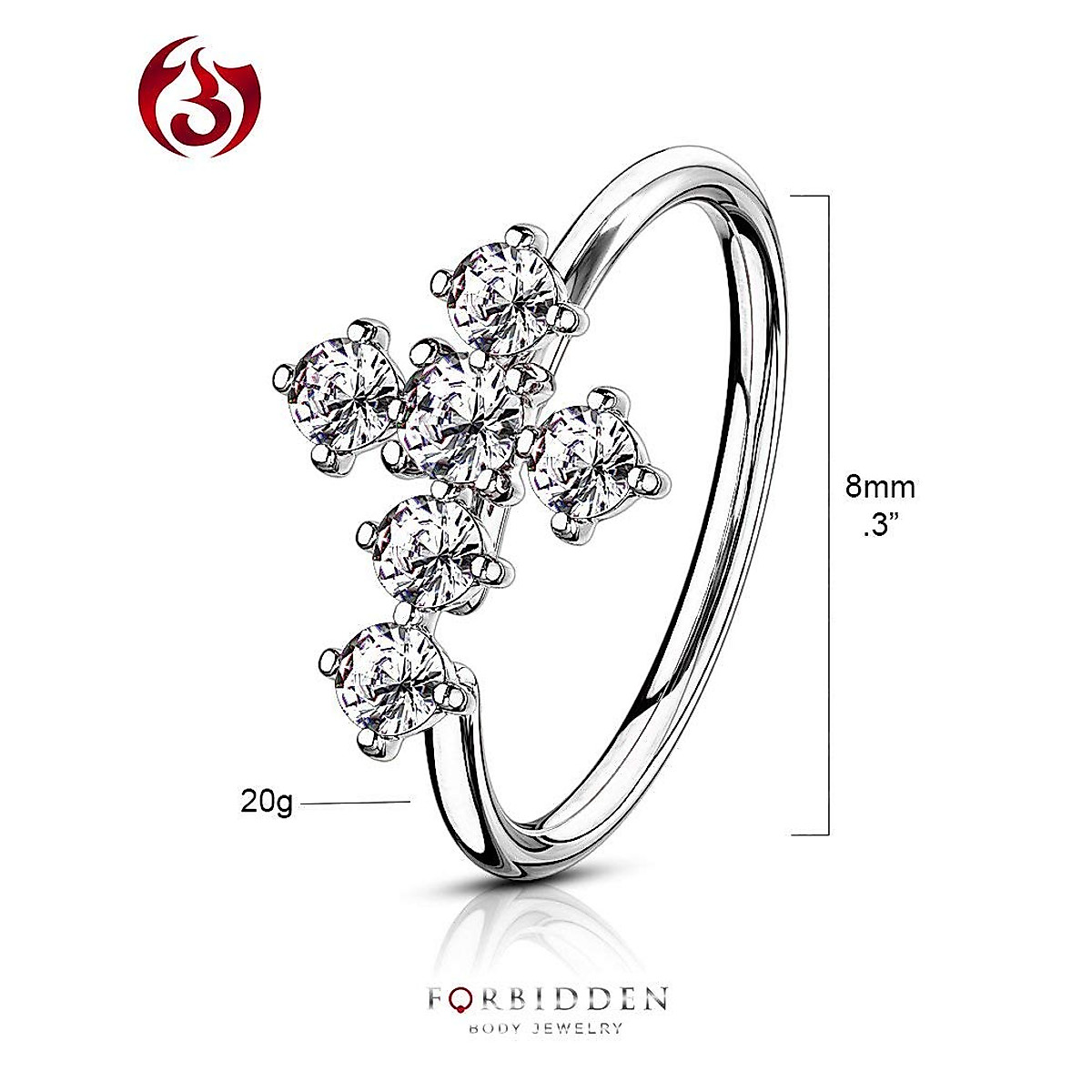 Forbidden Body Jewelry 20g 8mm Platinum Plated Brass Bendable Nose Ring & Cartilage Hoop Featuring CZ Lined Cross Top