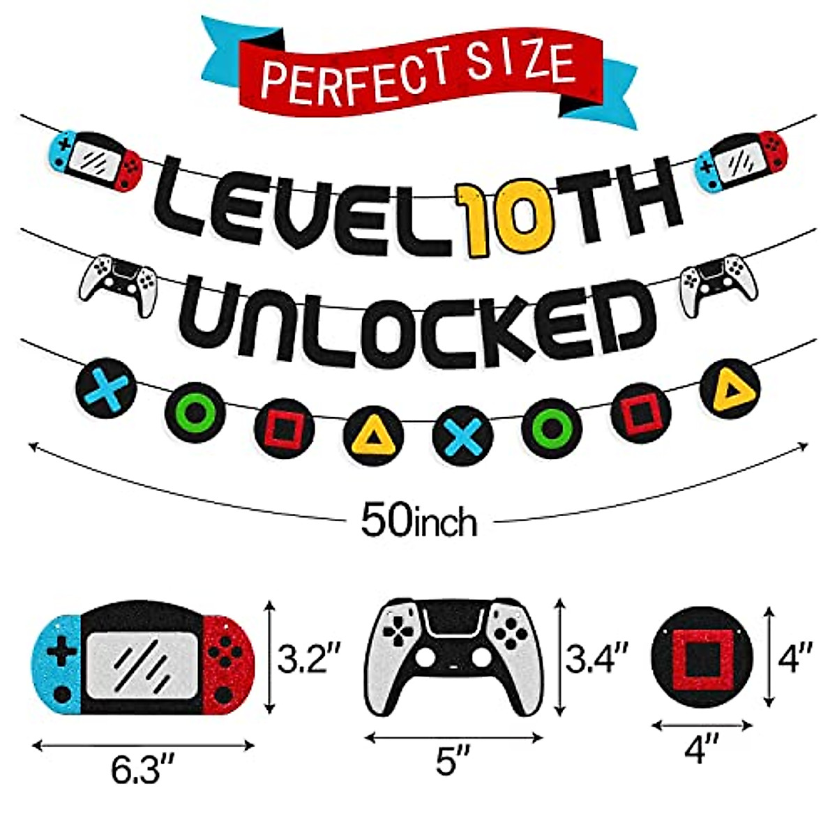 Happy 10th Birthday Banner Level 10s Unlocked Decoration Video Game Controller Level Up Theme Bday Decor for Boys Girls Children Kids Tenth Birth Anniversary Event Supplies