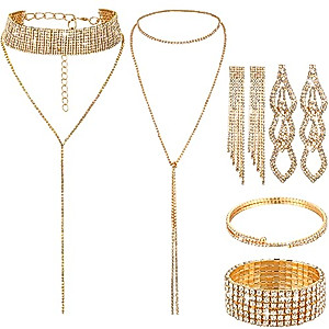 MTLEE 6 Pieces Women Rhinestone Jewelry Set Layered Choker Necklaces Long Tassel Necklaces Crystal Bracelet Cuff Bangles Diamond Tassel Dangle Earrings (Gold)