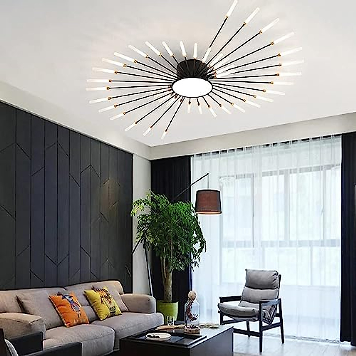 51 Inch Dimmable LED Ceiling Light Fixture,42 Lights Ceiling Lights Flush Mount Chandelier Black Indoor Lighting for Living Room,42W+12W Firework Deco Close to Ceiling Light with Remote Control