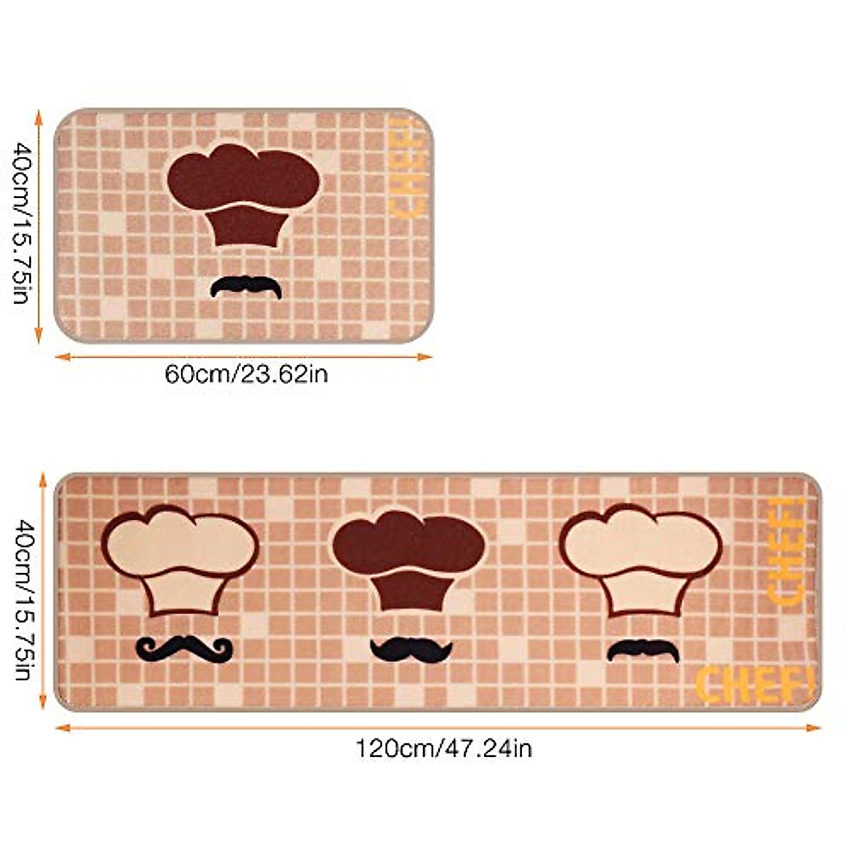 Outamateur Kitchen Rugs Set of 2, Kitchen Runner Rugs Soft Kitchen Mat Runner Carpet Set Bath Rug Doormat, Non-Slip Durable and Spill Resistant 16”x24”+16”x47” (Chef Hat Pattern Light Brown)