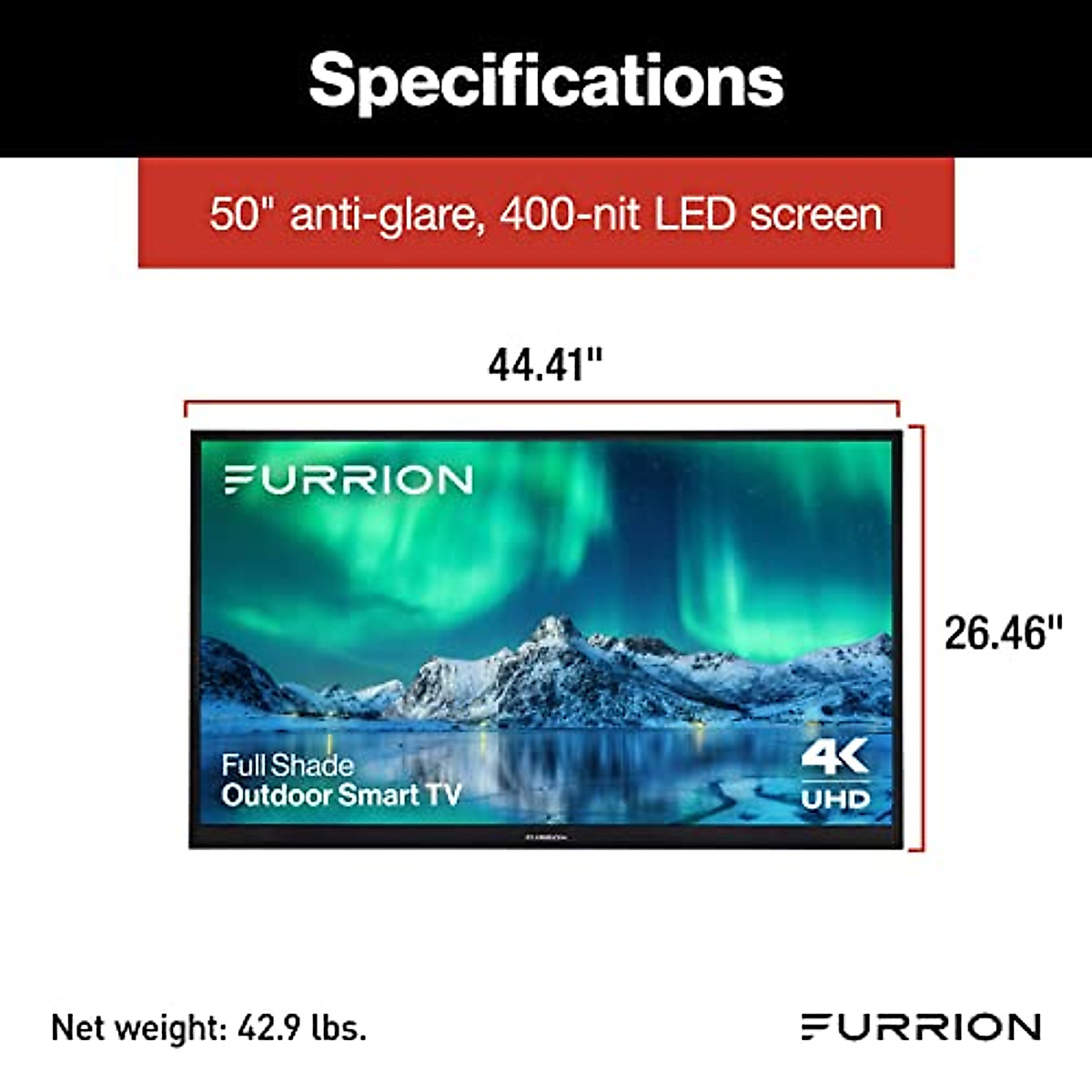 Aurora 50-Inch Full-Shade 4K LED Outdoor Smart TV - Weatherproof HDR10 LED Outdoor Television with Anti-Glare, 400-Nit LED Screen, RangeXtend External Antennas for Fully Shady Outdoor Living Areas