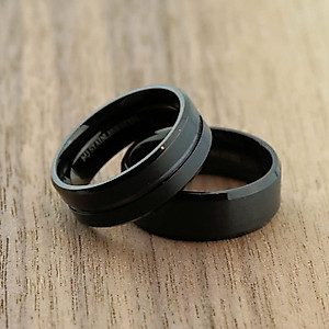 MJ Metals Jewelry Custom Engraved 8mm Black Plated Stainless Steel Brushed Center Beveled Edge Band Ring Size 11