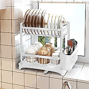 Alienustack Dish Drying Rack with Draining Plate, Dish Rack Cutlery Rack with Water Outlet, Stainless Steel Draining Rack for Kitchen Top - White