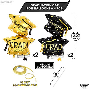 KatchOn, Black and Gold Graduation Hat Balloon - Big, 32 Inch, Pack of 4 | Congrats Grad Balloons | Graduation Balloons Class of 2024, Graduation Cap Balloon | Graduation Decorations Class of 2024
