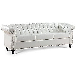 Wlvos 84" Leather Chesterfield Sofas for Living Room, Rolled Arm 3-Seater Large Couch Deep Button Nailhead Tufted Upholstered Couches for Bedroom, Office Apartment Easy to Assemble (Beige)
