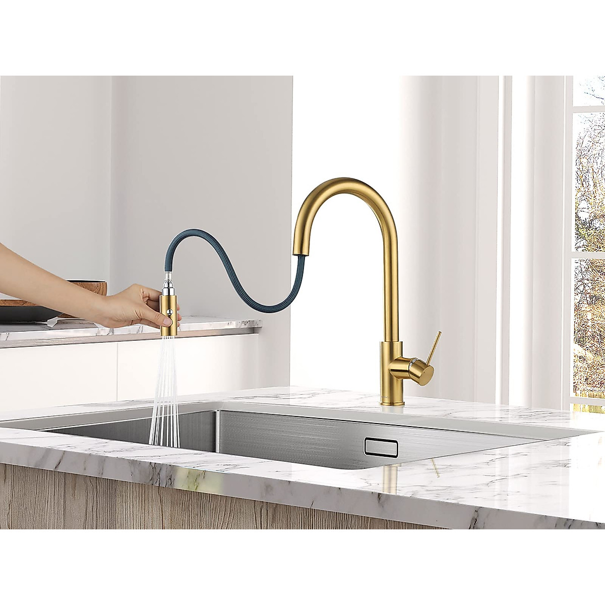 AguaStella AS60BG Brushed Gold Pull Down Kitchen Faucet and AS09BG Brushed Gold Stainless Steel Water Filter Faucet for Most Reverse Osmosis Units or Water Filtration System in Non-Air Gap Combination