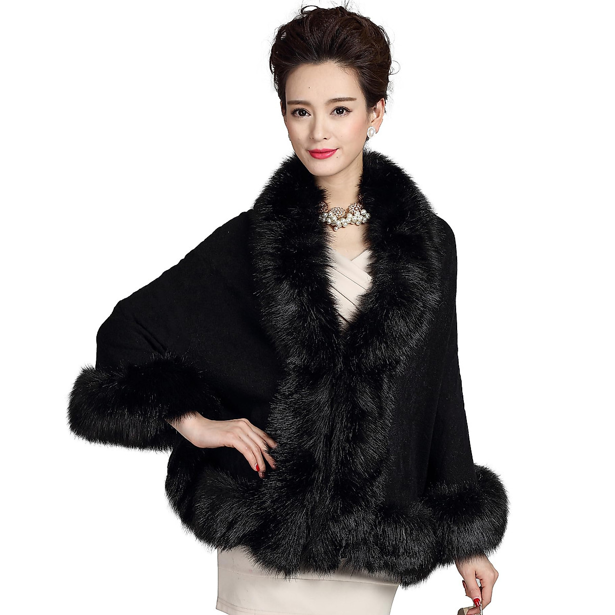 ELFJOY Bridal Faux Fur Shawl Black Fur Coat Women Luxury Faux Fur Wrap for Evening Dresses Winter Cashmere Fur Cape for Wedding Evening Party