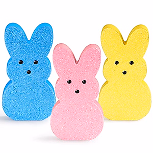 Easter Decor, 3 Pcs Glittery Easter Wooden Signs for Tiered Tray/Mantel/Table Decorations, Style of Peeps with 3D Eyes