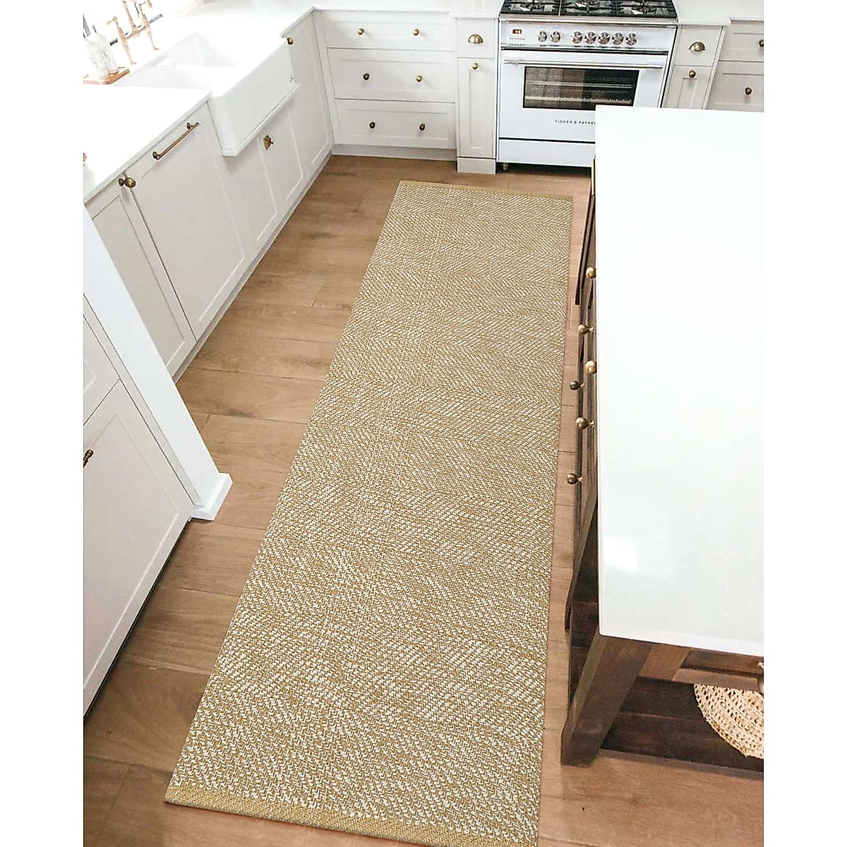 LEEVAN Hallway Runner Rug 2.6' x 8', Tan/Cream Braided Kitchen Runner Rug, Washable Woven Reverisible Bathroom Runner, Farmhouse Entryway Rug, Low-Profile Floor Carpet for Doorway/Laundry Room/Bedroom